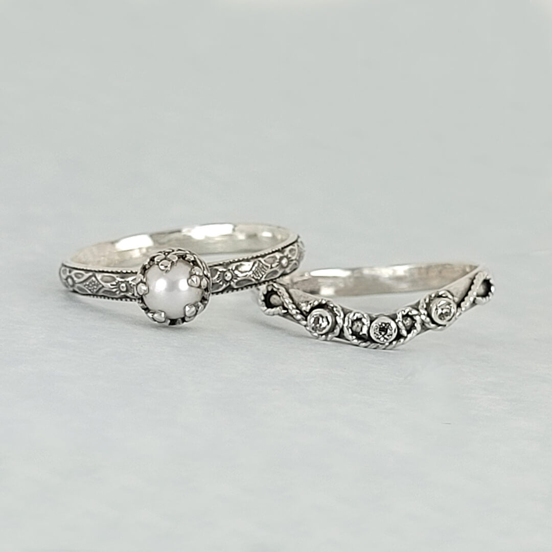 Vintage Style Pearl Engagement Ring Scrollwork Curved Wedding Band Set ...